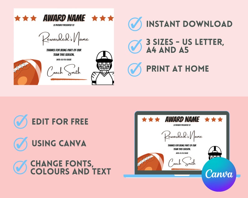 Editable Printable Football Awards Certificate | Personalise ...