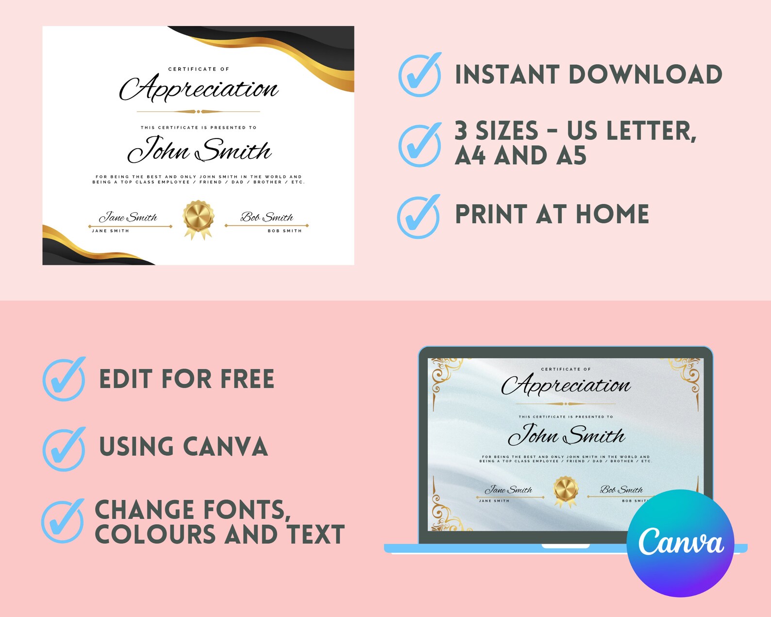 Editable Printable Certificate of Appreciation Template Bundle Sizes 11 ...