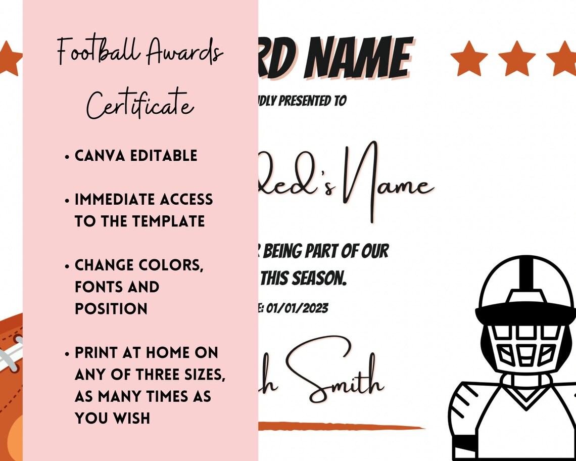 Editable Printable Football Awards Certificate Personalise ...