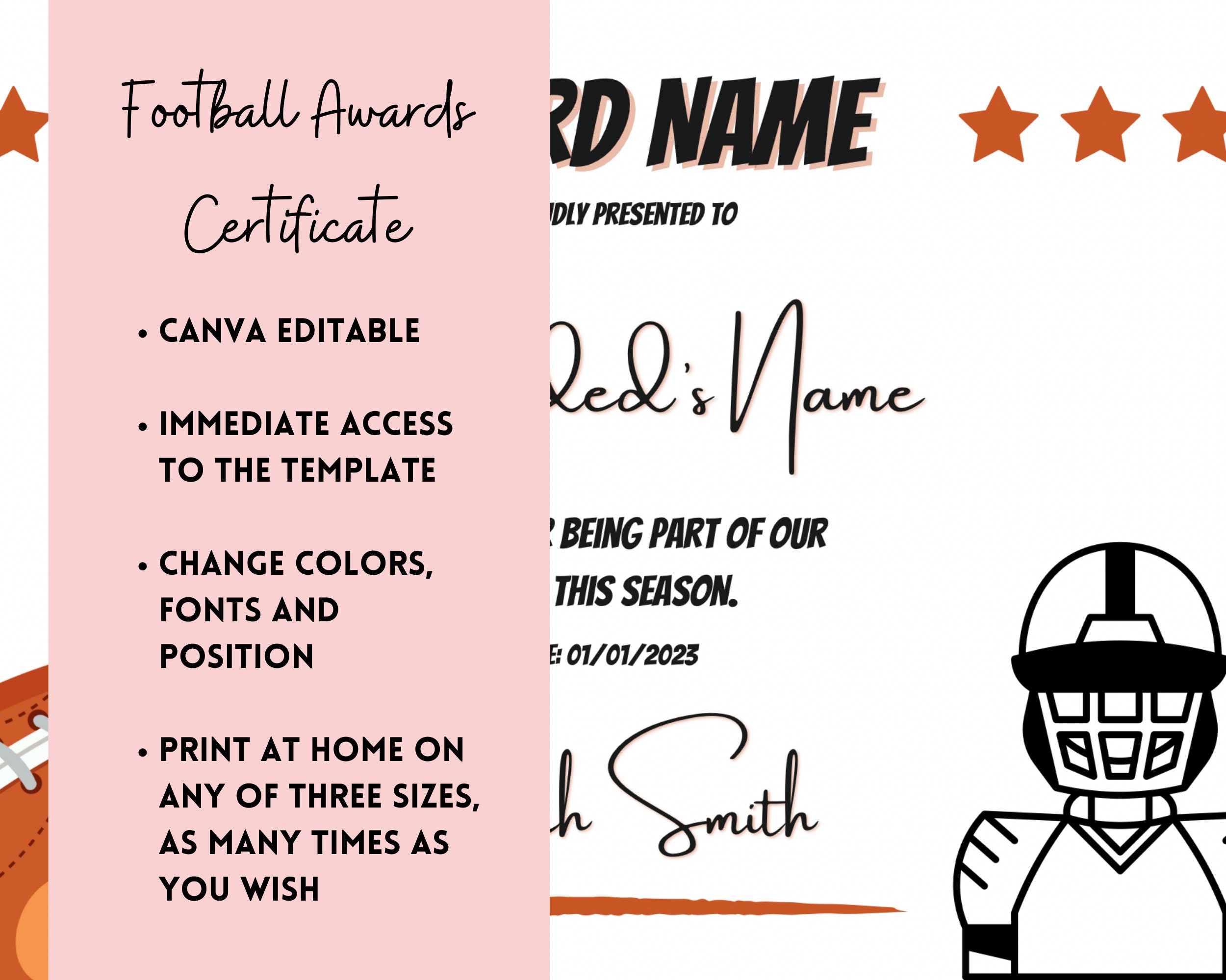 Editable Printable Football Awards Certificate Personalise ...