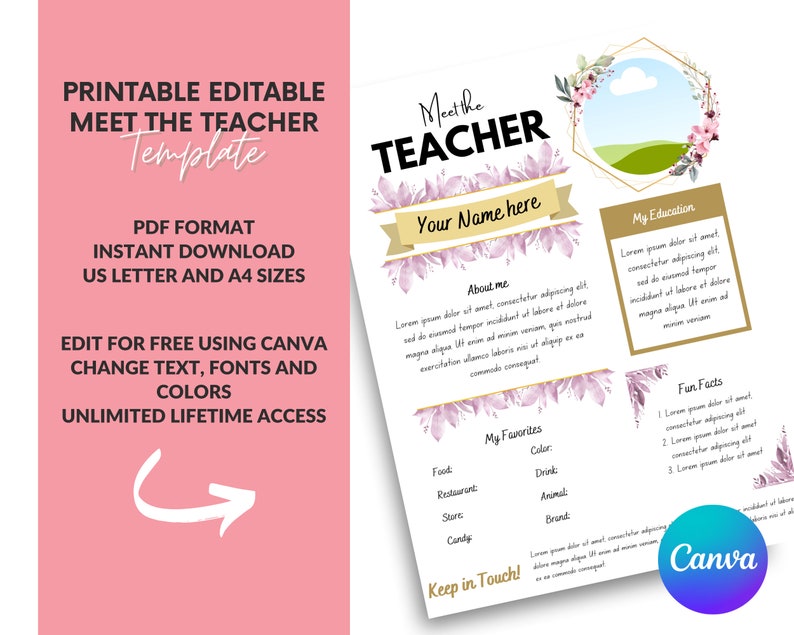 Editable Meet the Teacher Template - Pink Floral - Personalize in Canva ...