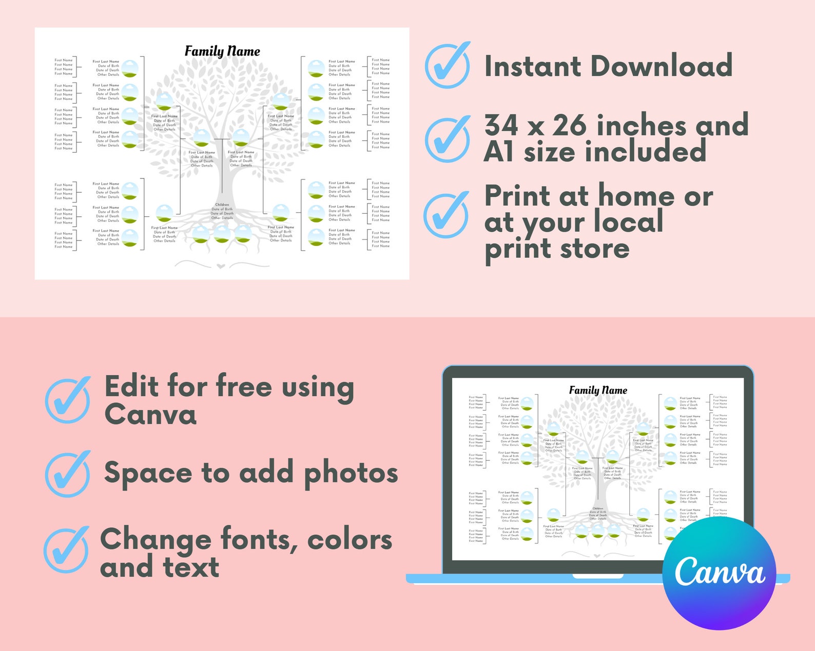Editable Family Tree Template - Family Tree Chart Printable - 5 ...