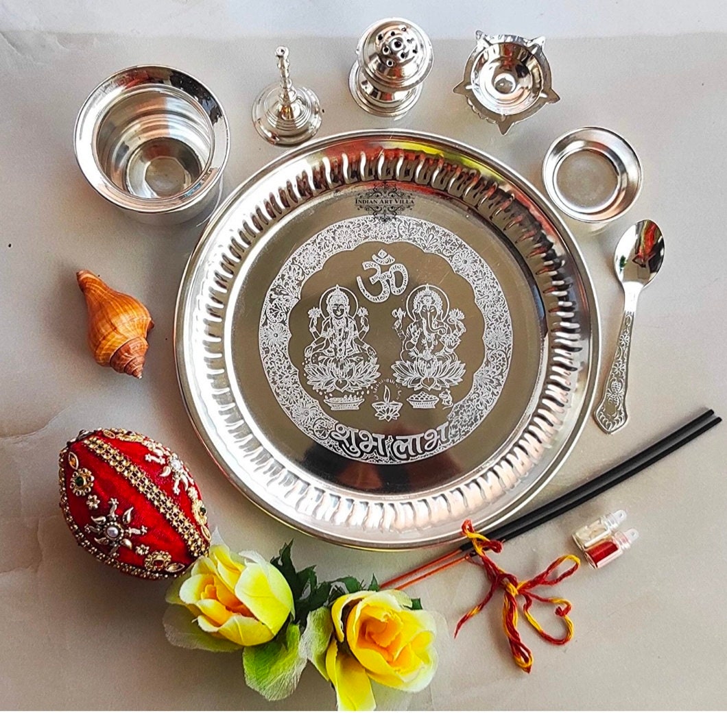 Silver Metal Pooja thali Set 7 Pcs Festival Ethnic Puja Thali | Etsy