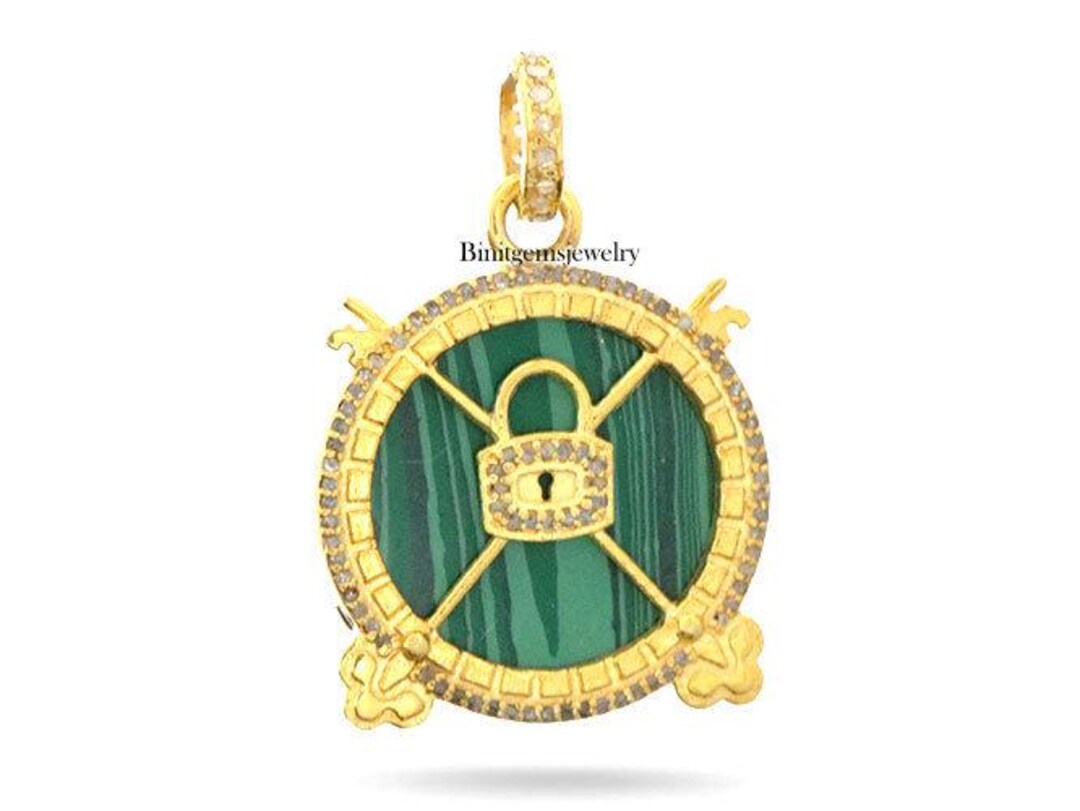 14K Solid Gold Padlock Pendant Diamond Clover Pendant Beautiful Diamond ...