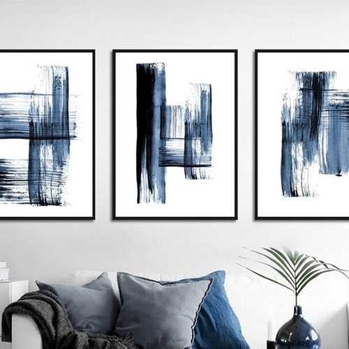 Navy Blue Abstract Wall Art Set of 3 Prints Downloadable Navy - Etsy