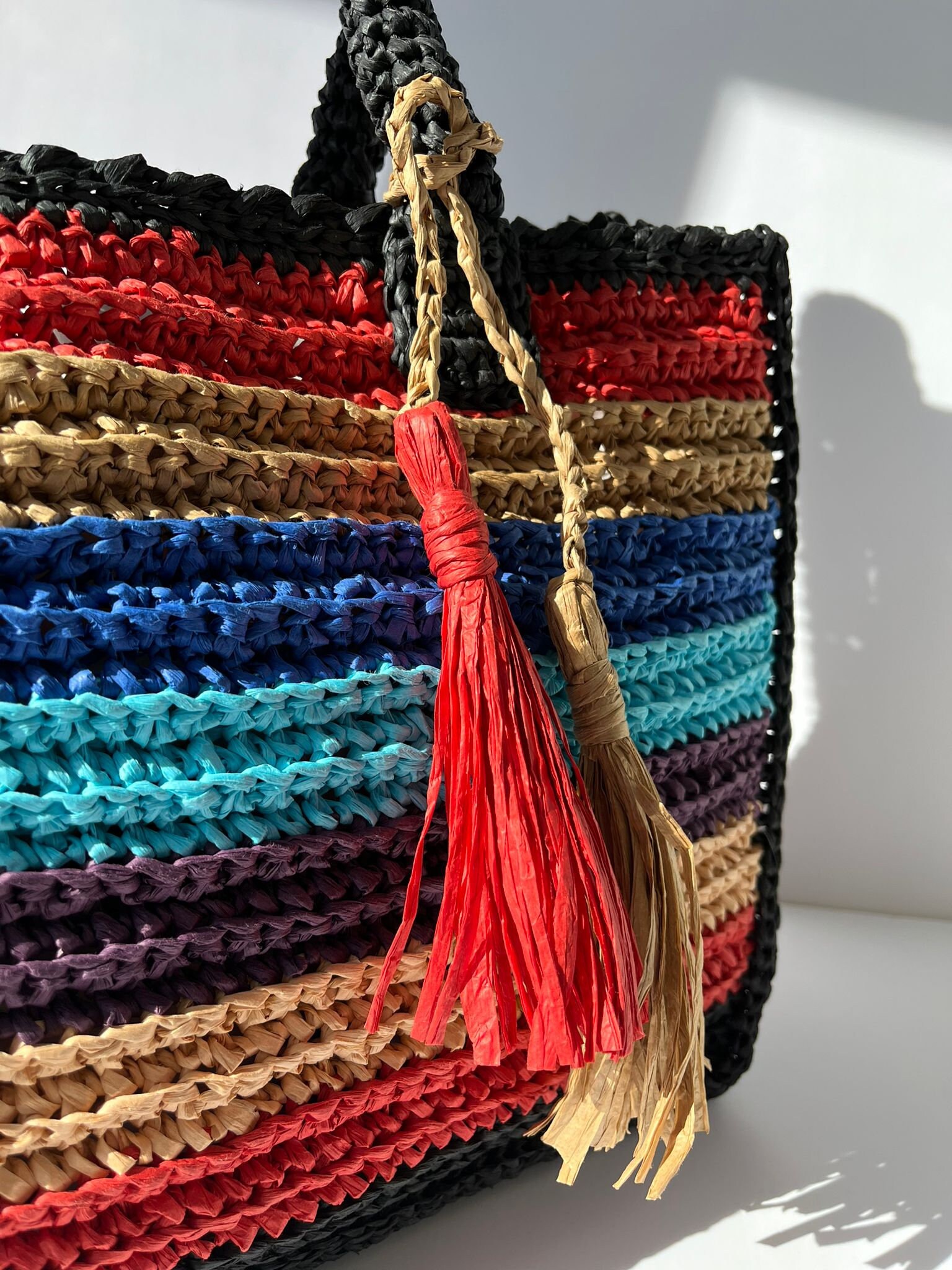 Hand Knitted Raffia Rope Multi-colored Striped Patterned Tassel ...
