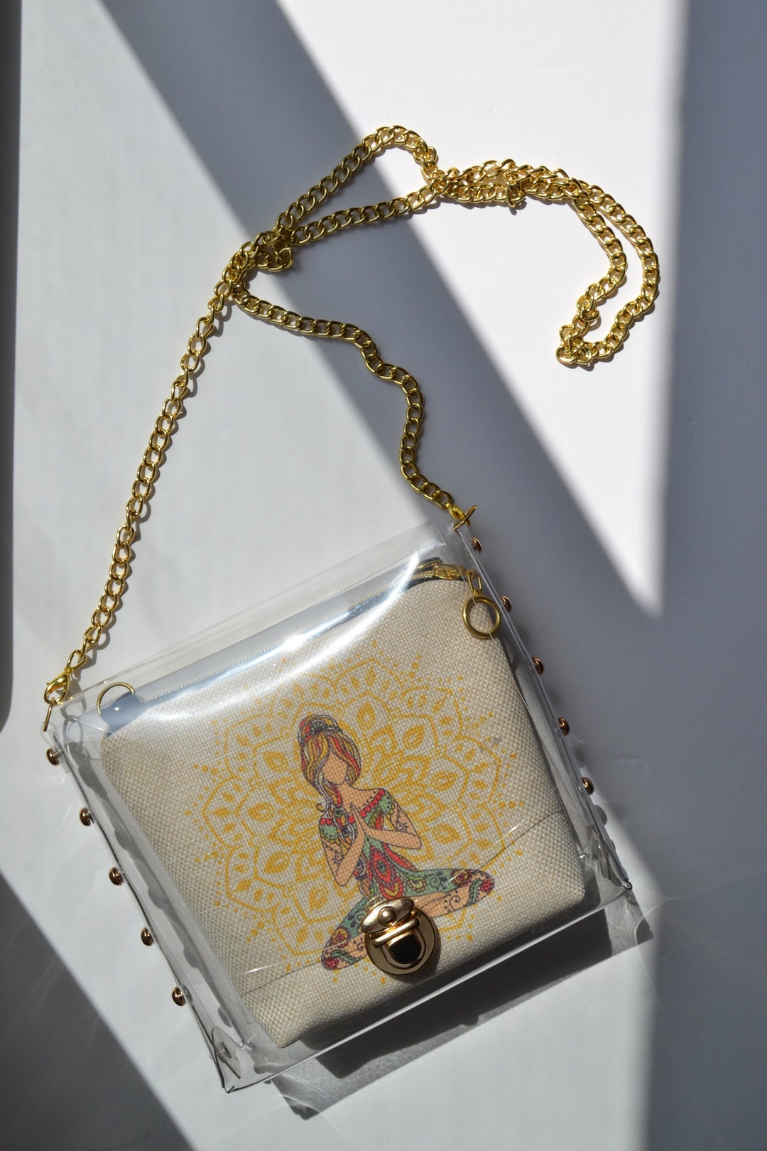 Handmade Linen Clear Crossbody Bag Yoga Aum Symbol Blue Flower Tiger ...
