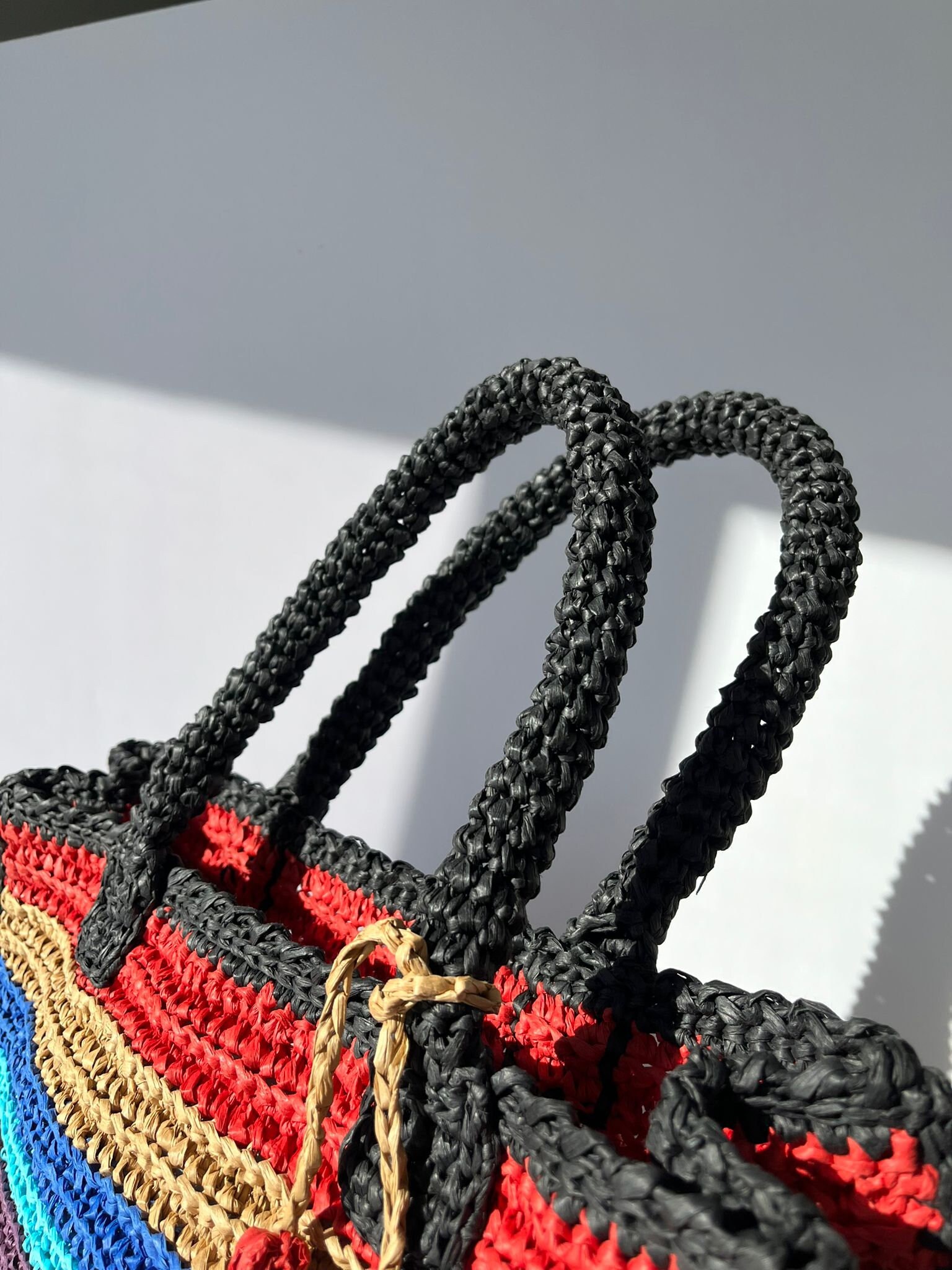 Hand Knitted Raffia Rope Multi-colored Striped Patterned Tassel ...