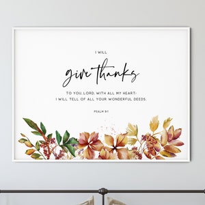 Psalm 9:1 Give Thanks Bible Verse Print, Printable Fall Wall Art ...