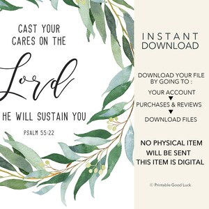 Psalm 55:22, Bible Verse Wall Art Prints Scripture Wall Decor Printable ...