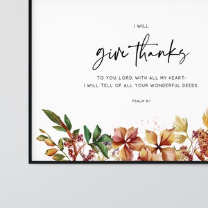 Psalm 9:1 Give Thanks Bible Verse Print, Printable Fall Wall Art ...