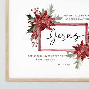 Matthew 1:21 Christmas Christian Wall Art Printable Watercolor Floral ...