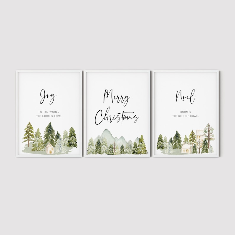 Set of 3 Christmas Christian Wall Art Printable Watercolor Mountains ...