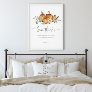 Psalm 107:1 Thanksgiving Bible Verse Wall Art, Botanical Fall Pumpkin ...