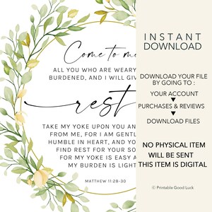 Matthew 11:28-30 Bible Verse Wall Art Printable Scripture Art Bible ...