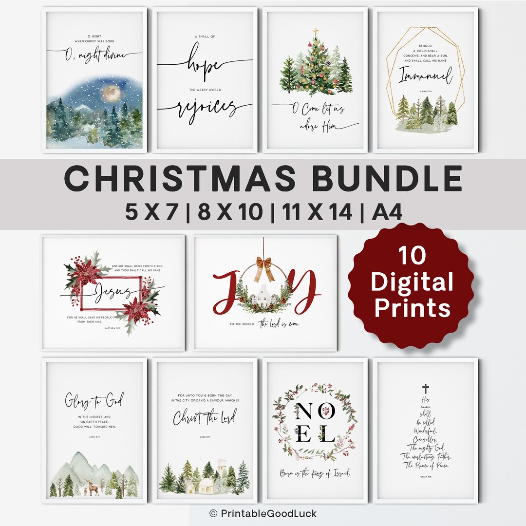 Set of 10 Christmas Christian Wall Art Set Printable Watercolor ...