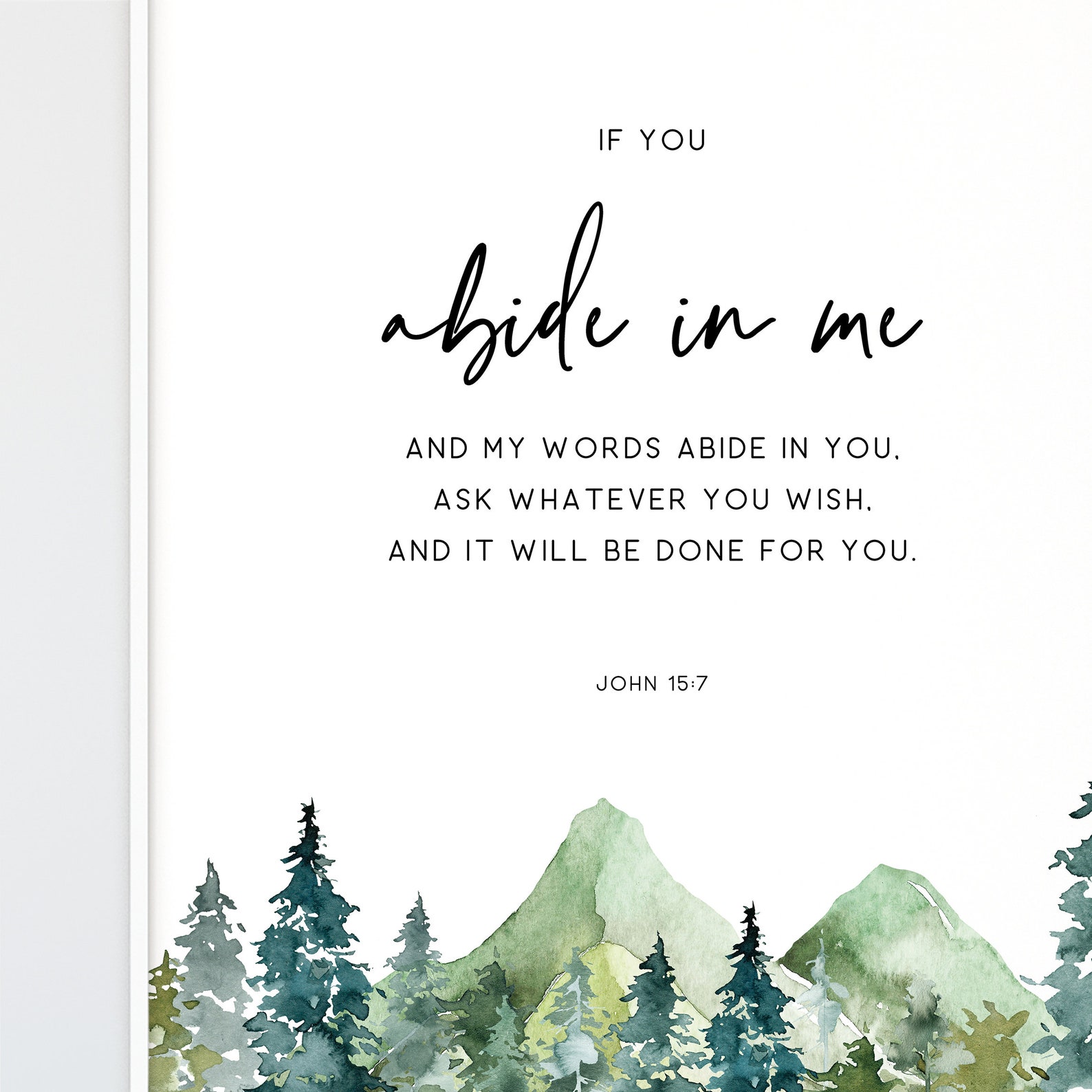 John 15:7 Bible Verse Wall Art Watercolor Forest Scripture Print ...
