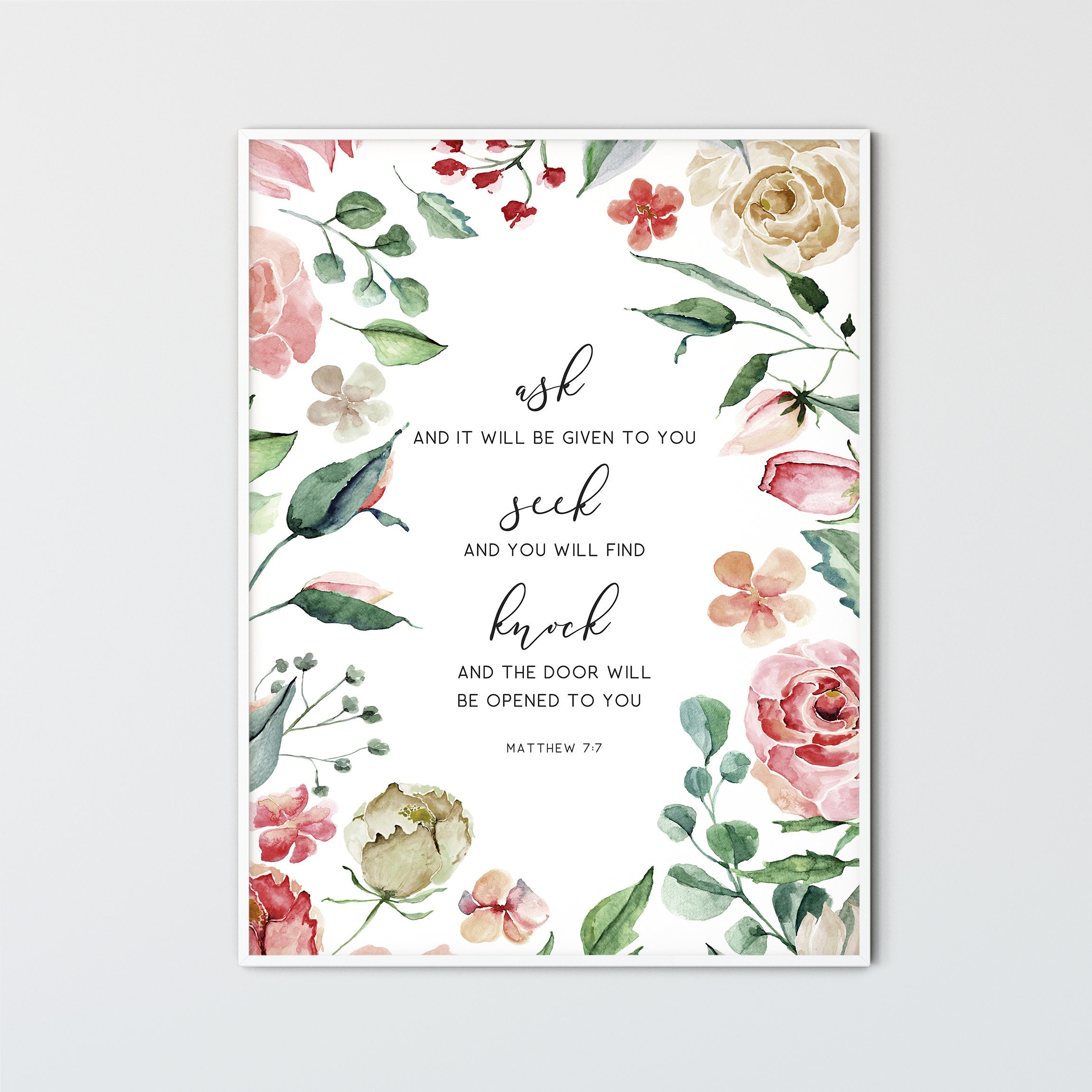 Matthew 7:7 Bible Verse Wall Art Printable Floral Scripture | Etsy