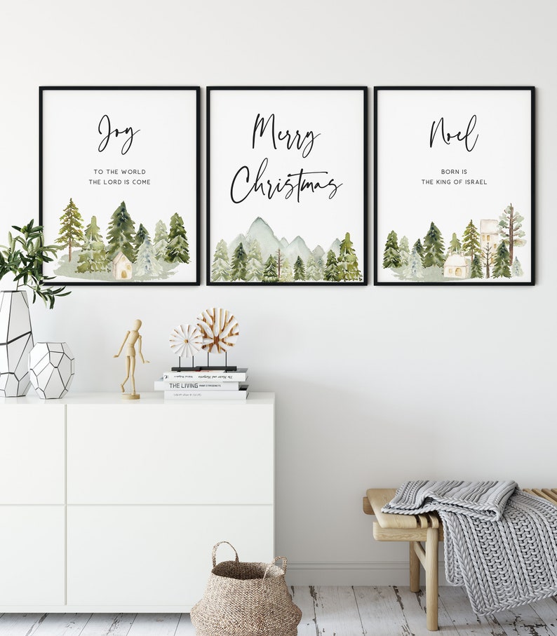Set of 3 Christmas Christian Wall Art Printable Watercolor Mountains ...
