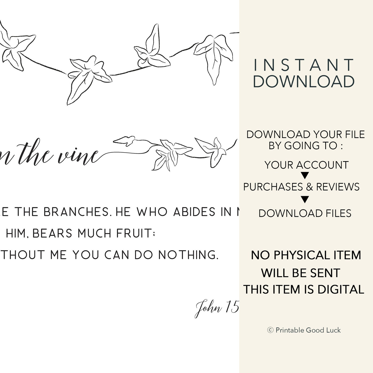 John 15:5 Bible Verse Wall Art, Printable Scripture Prints, Botanical ...