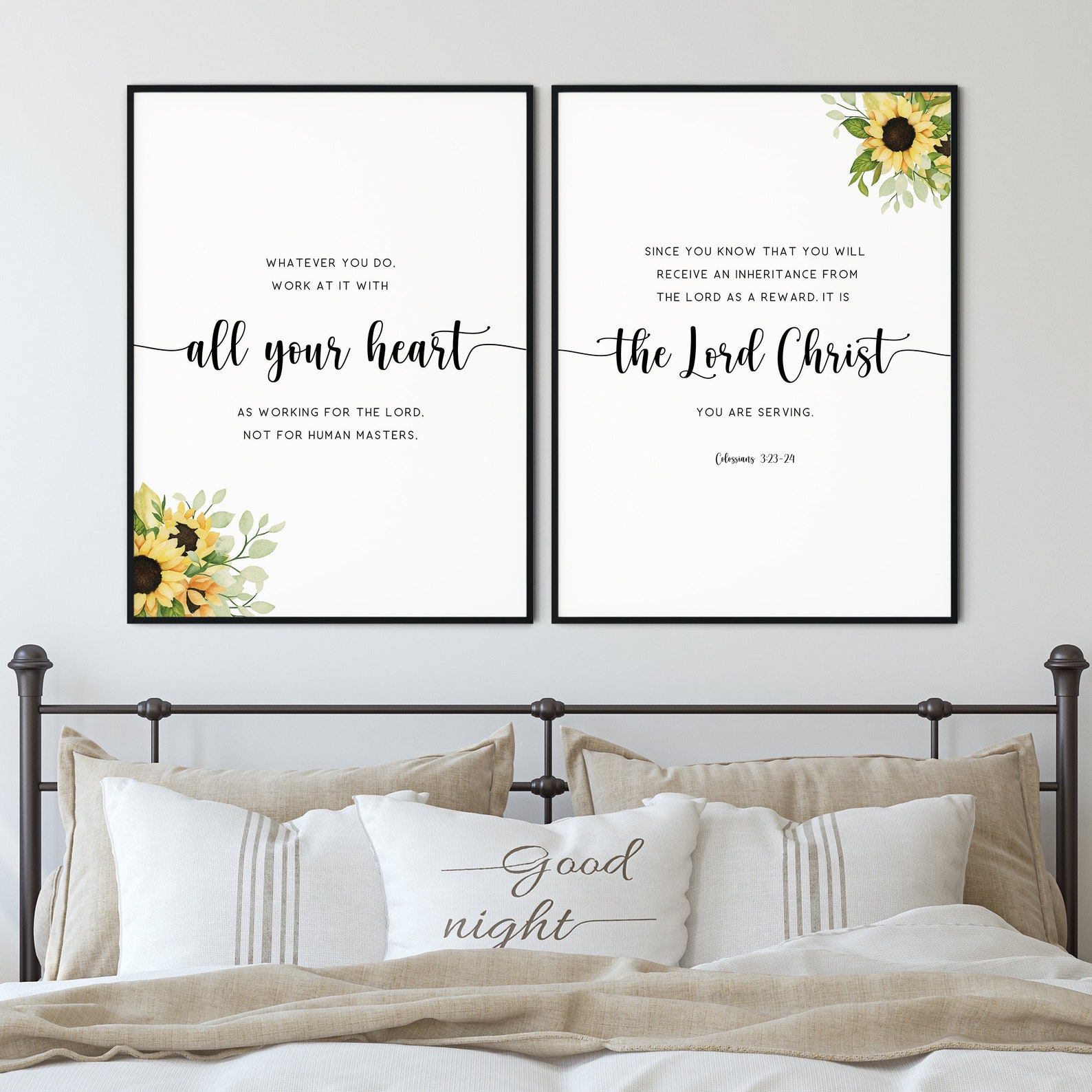 Colossians 3:23-24, Bible Verse Wall Art Set of 2 Prints, Floral ...