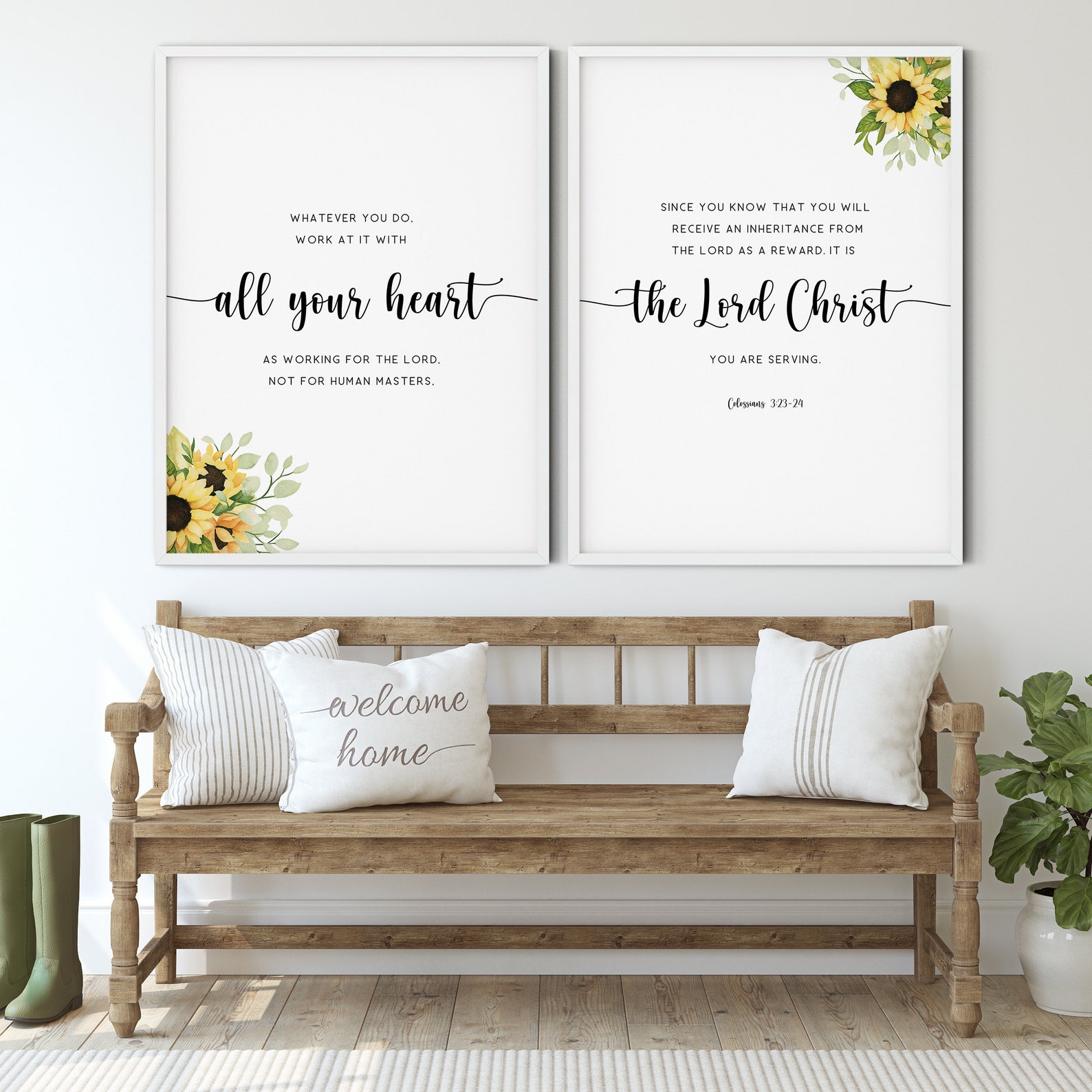 Colossians 3:23-24, Bible Verse Wall Art Set of 2 Prints, Floral ...