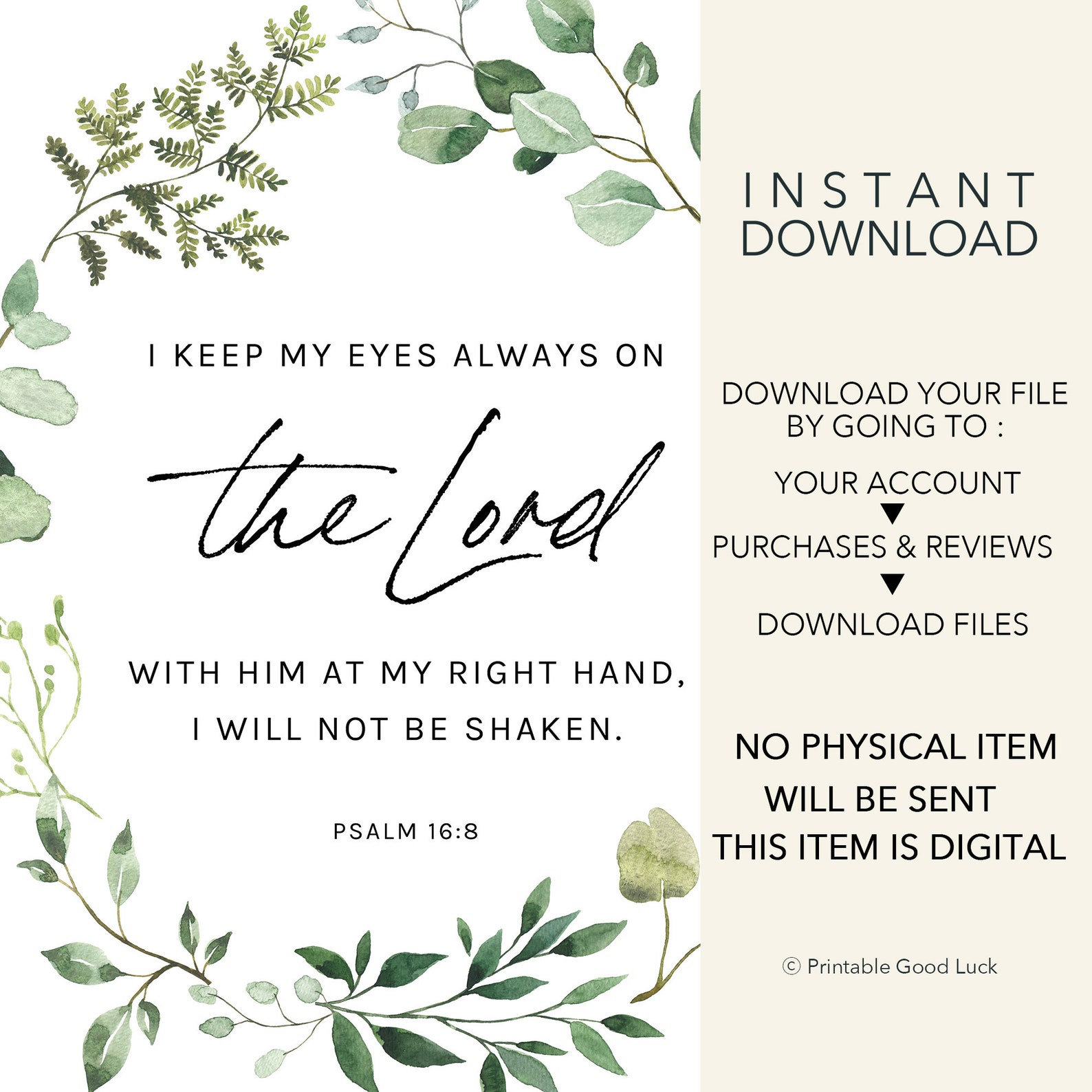 Psalm 16:8 Bible Verse Wall Art Printable Scripture Print | Etsy