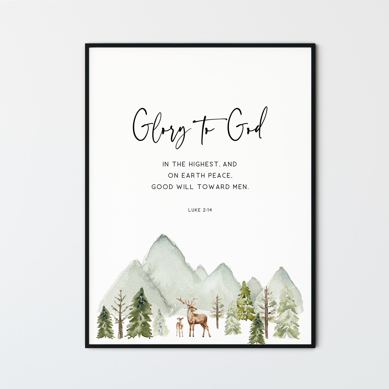 Luke 2:14, Christmas Christian Wall Art Printable Watercolor Mountains ...