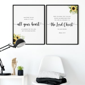 Colossians 3:23-24, Bible Verse Wall Art Set of 2 Prints, Floral ...