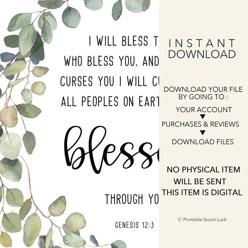 Genesis 12:3 Bible Verse Wall Art Scripture Quote Printable Wall Art ...