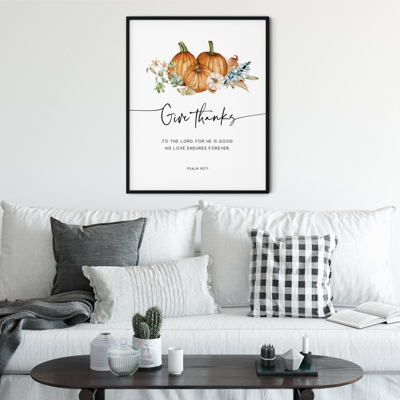 Psalm 107:1 Thanksgiving Bible Verse Wall Art, Botanical Fall Pumpkin ...