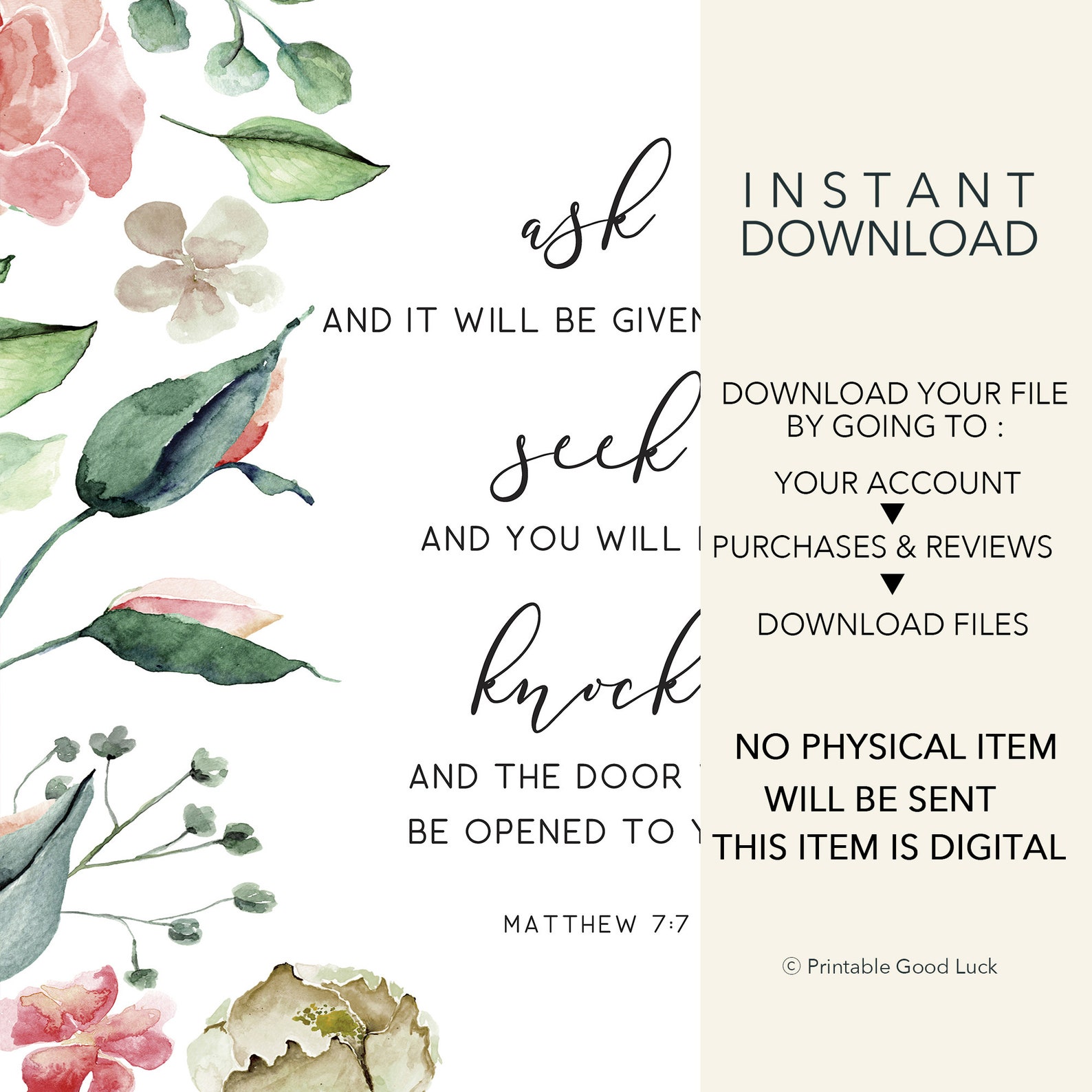 Matthew 7:7 Bible Verse Wall Art Printable Floral Scripture - Etsy