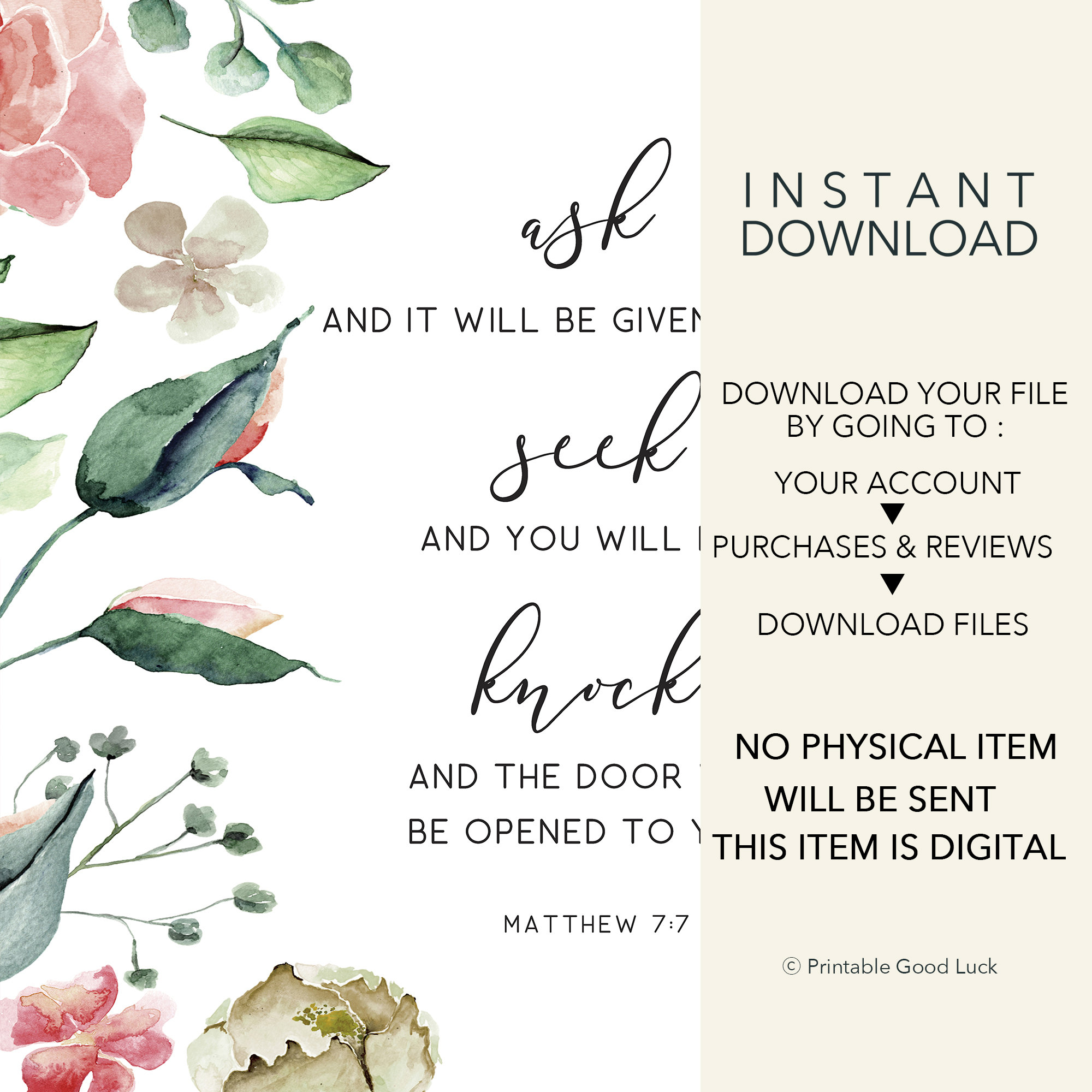 Matthew 7:7 Bible Verse Wall Art Printable Floral Scripture | Etsy