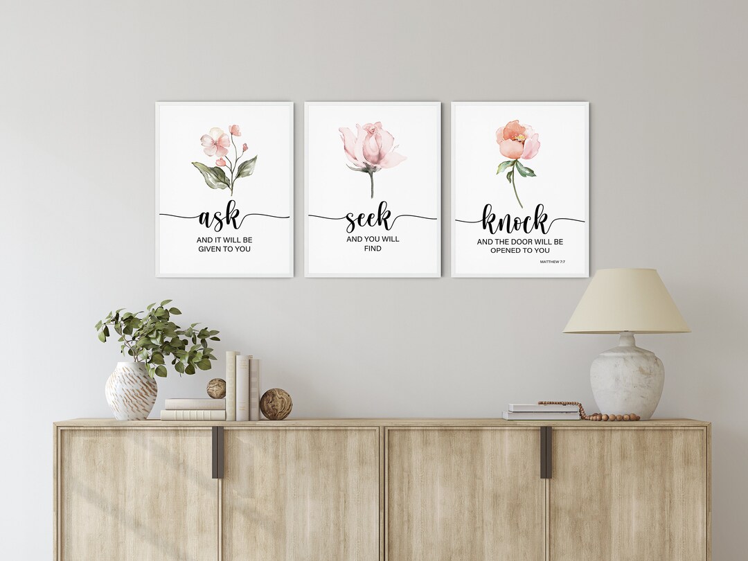 Set of 3 Prints, Matthew 7:7, Ask Seek Knock, Christian Home Decor ...