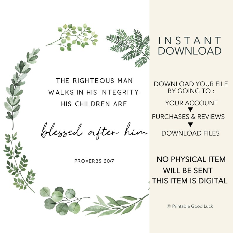 Proverbs 20:7 Father's Day Bible Verse Wall Art Scripture Print ...