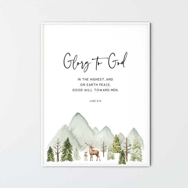 Luke 2:14, Christmas Christian Wall Art Printable Watercolor Mountains ...