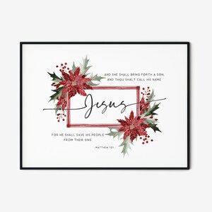 Matthew 1:21 Christmas Christian Wall Art Printable Watercolor Floral ...
