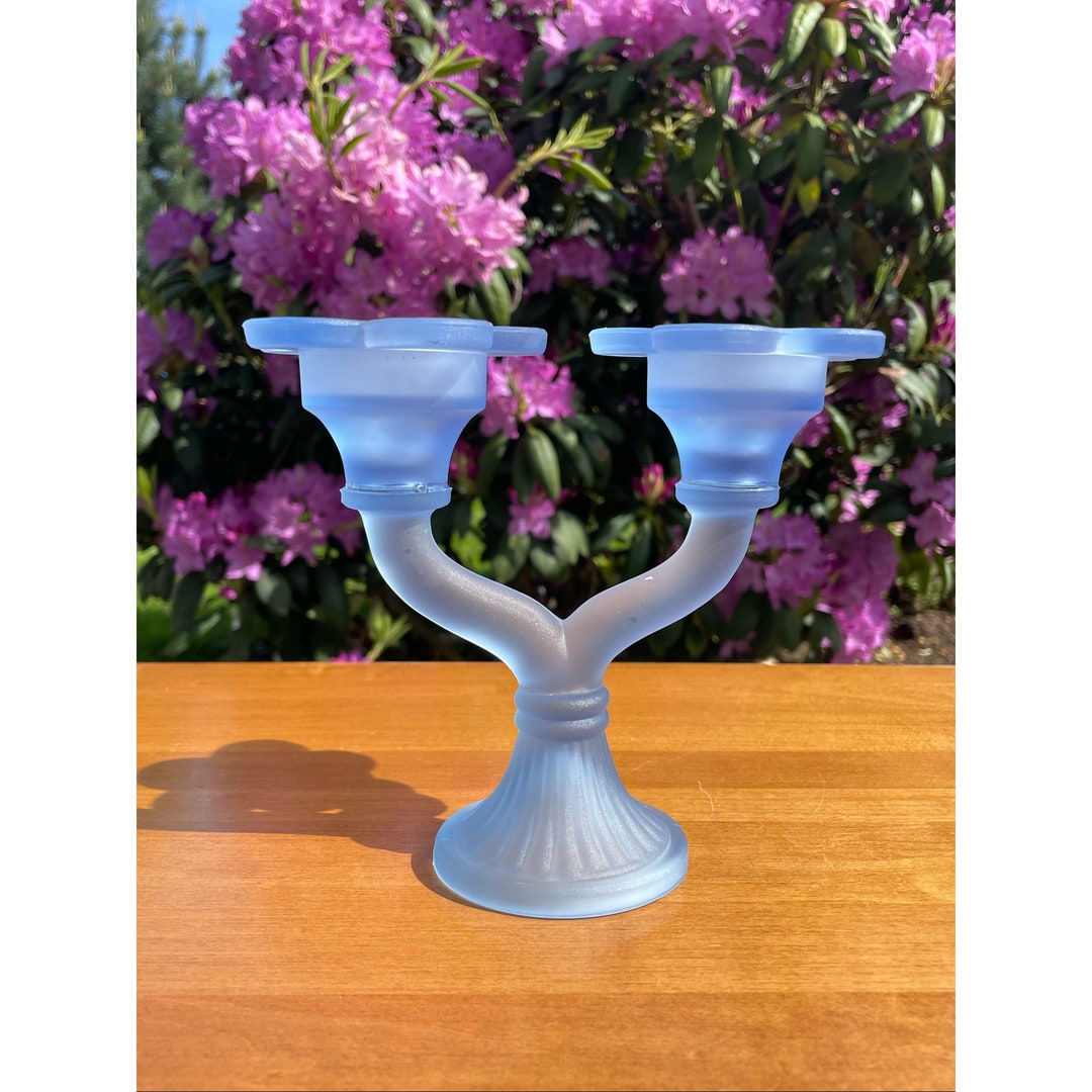 Vintage Frosted Glass Moonlight Blue Double Stemmed Tea Light ...