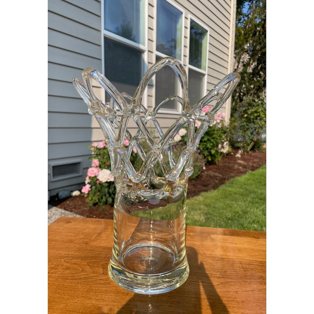 Vintage Open Lace Lattice Mid Century Hand Made Clear Art Glass Vase ...