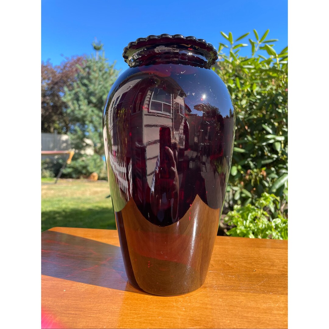 Vintage Deep Ruby Red Glass Flower Vase Beaded Rim Table Vase by Anchor ...