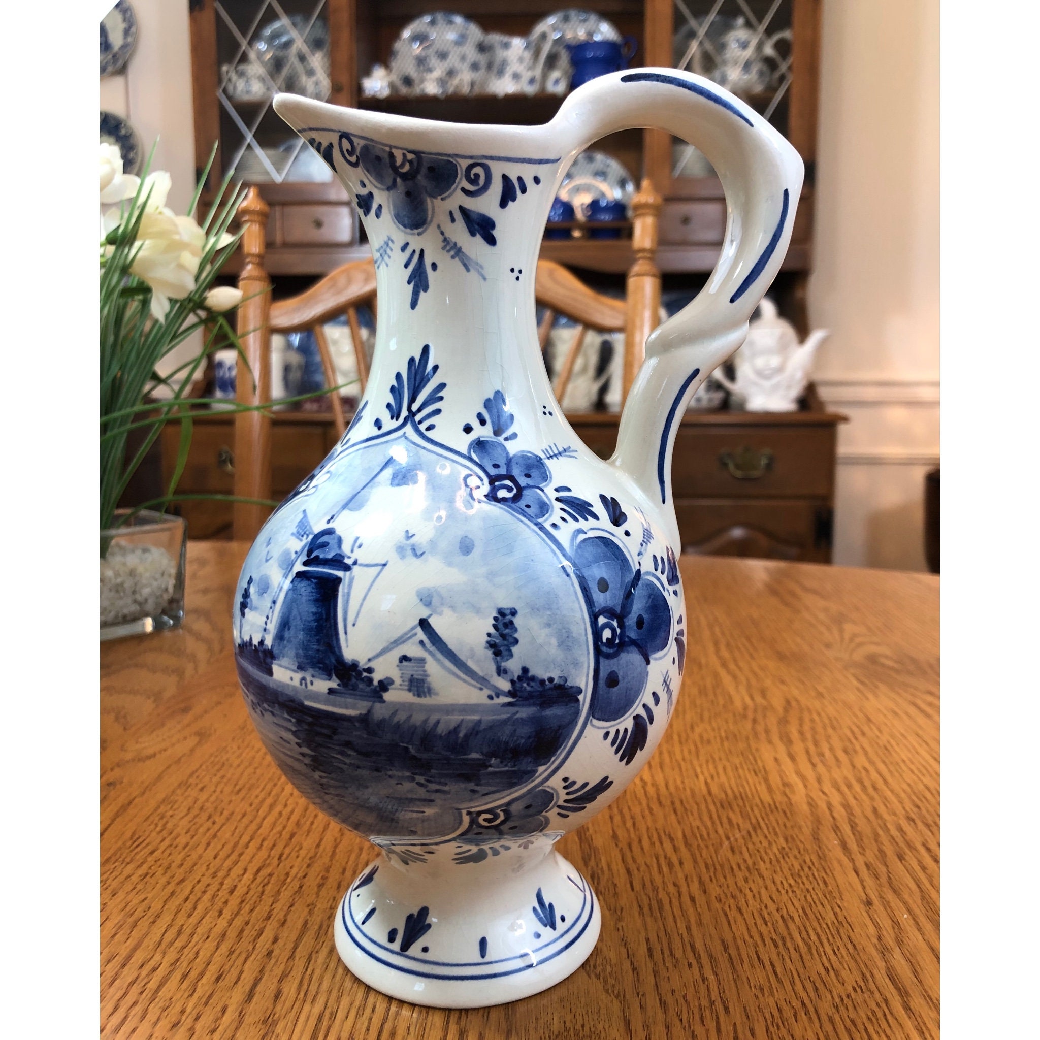 Vintage Signed DELFT Blue Handled Vase Hand Painted Windmill | Etsy