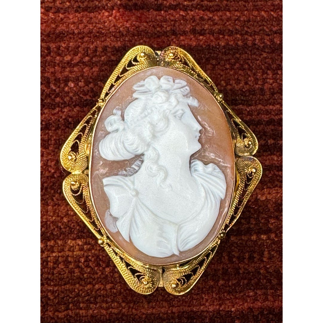 Antique 1880s-1910 Italian 10k Gold Filigree Cameo Lady Brooch Pendant ...