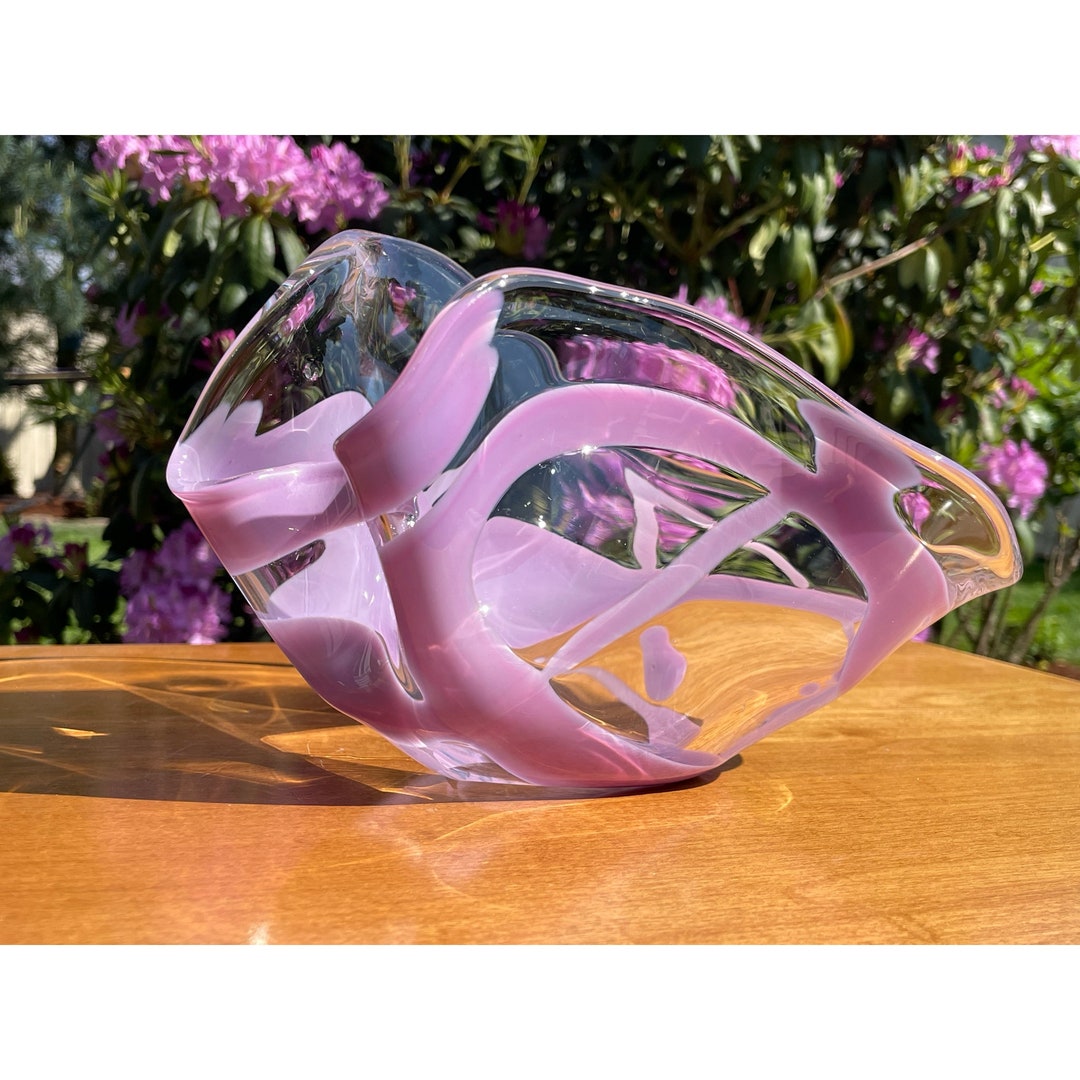 Stunning Glass Art Sculpture Flare Wave Clear and Purple Applied Swirl ...