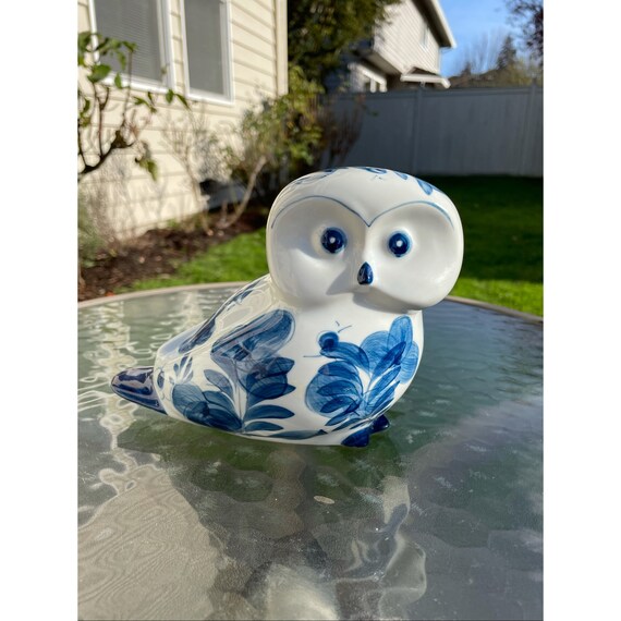 Ceramic Owl Blue White Owl Figurine Decorative Statue Home - Etsy