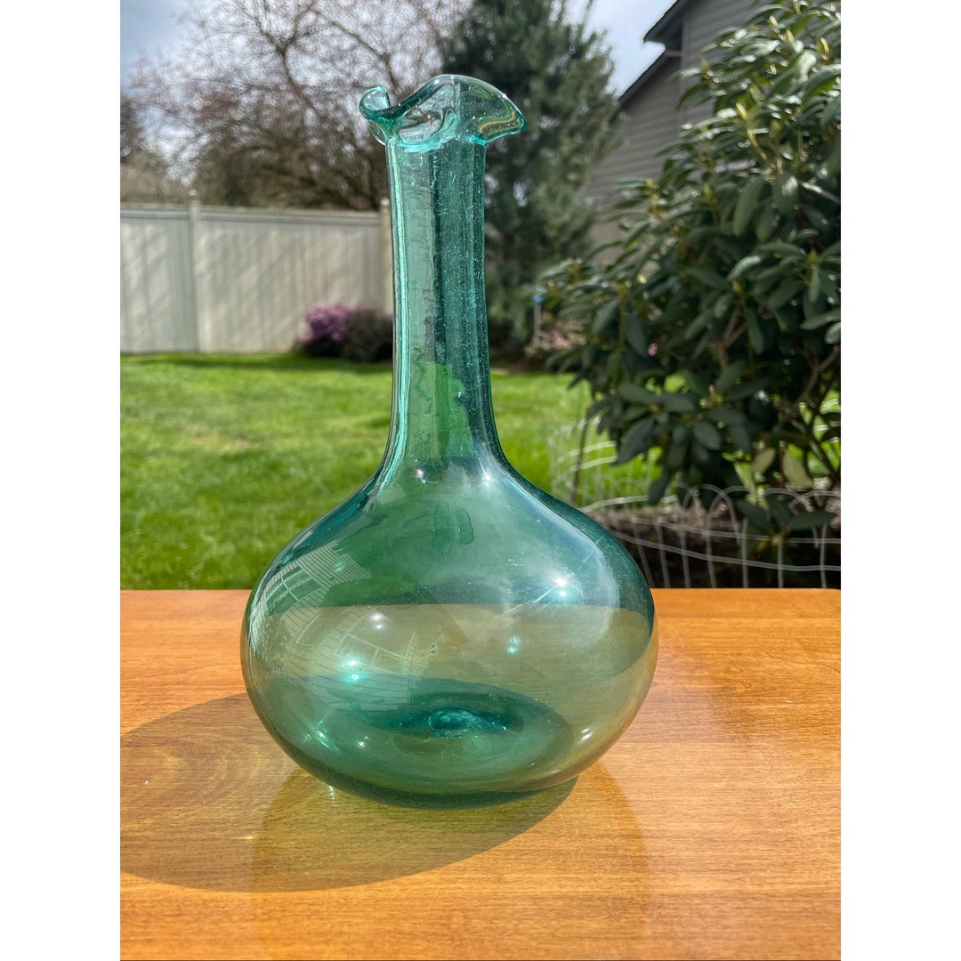 Vintage BLENKO Aqua Marine Turquoise Teal Hand Blown Art Glass Ruffled ...