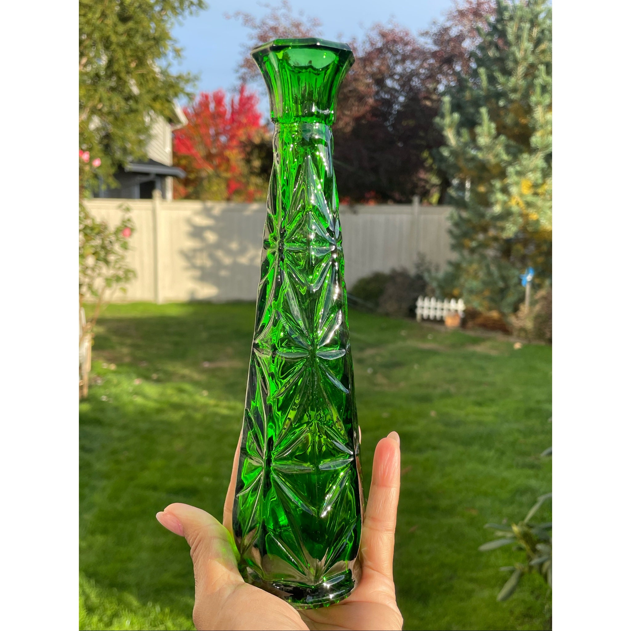 Vintage Forest Green Starburst Pattern Cut Glass Mid Century - Etsy
