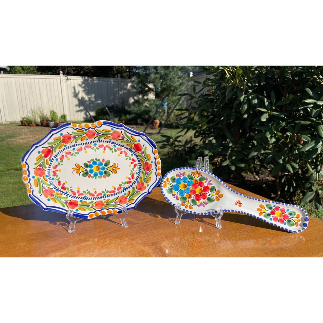 Multicolor Hand-painted Glazed Spanish Pottery Spoon Rest & Saucer Set ...