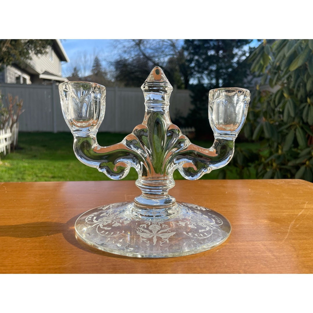 Vintage 1940s Elegant Orchid Etching Pattern Crystal Glass Candlestick ...