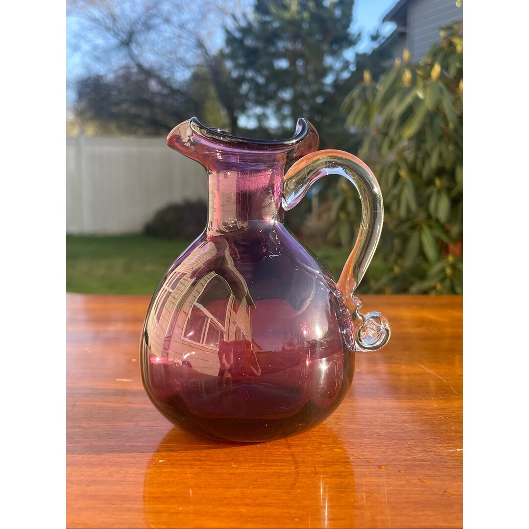 Vintage Hand Blown Amethyst Purple Glass Pitcher Pattern Clear Applied ...