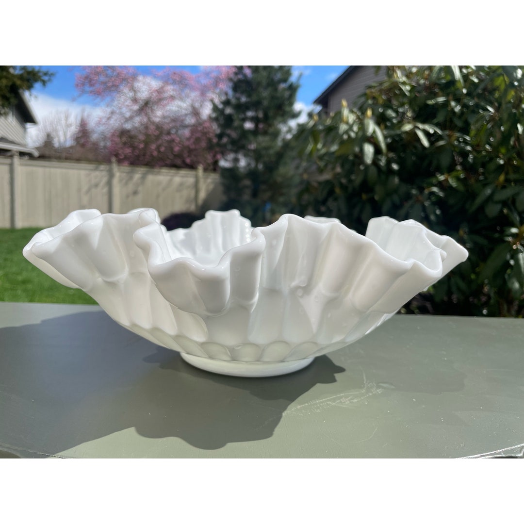 Vintage Fenton White Milk Glass Shallow Crimped Edge Thumb Print ...